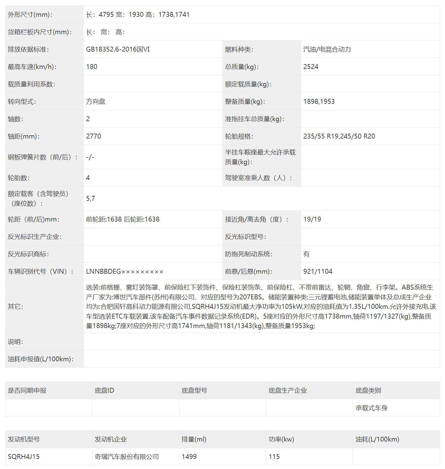 配1.5T插混系统 奇瑞风云T9申报 5/7座双版本可选_搜狐汽车_搜狐网