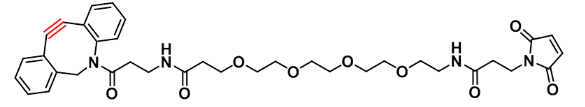 DBCO-PEG4-MAL可以与含有叠氮基团的荧光探针结合，用于细胞成像，1480516-75-3_化学反应_分子式_马来