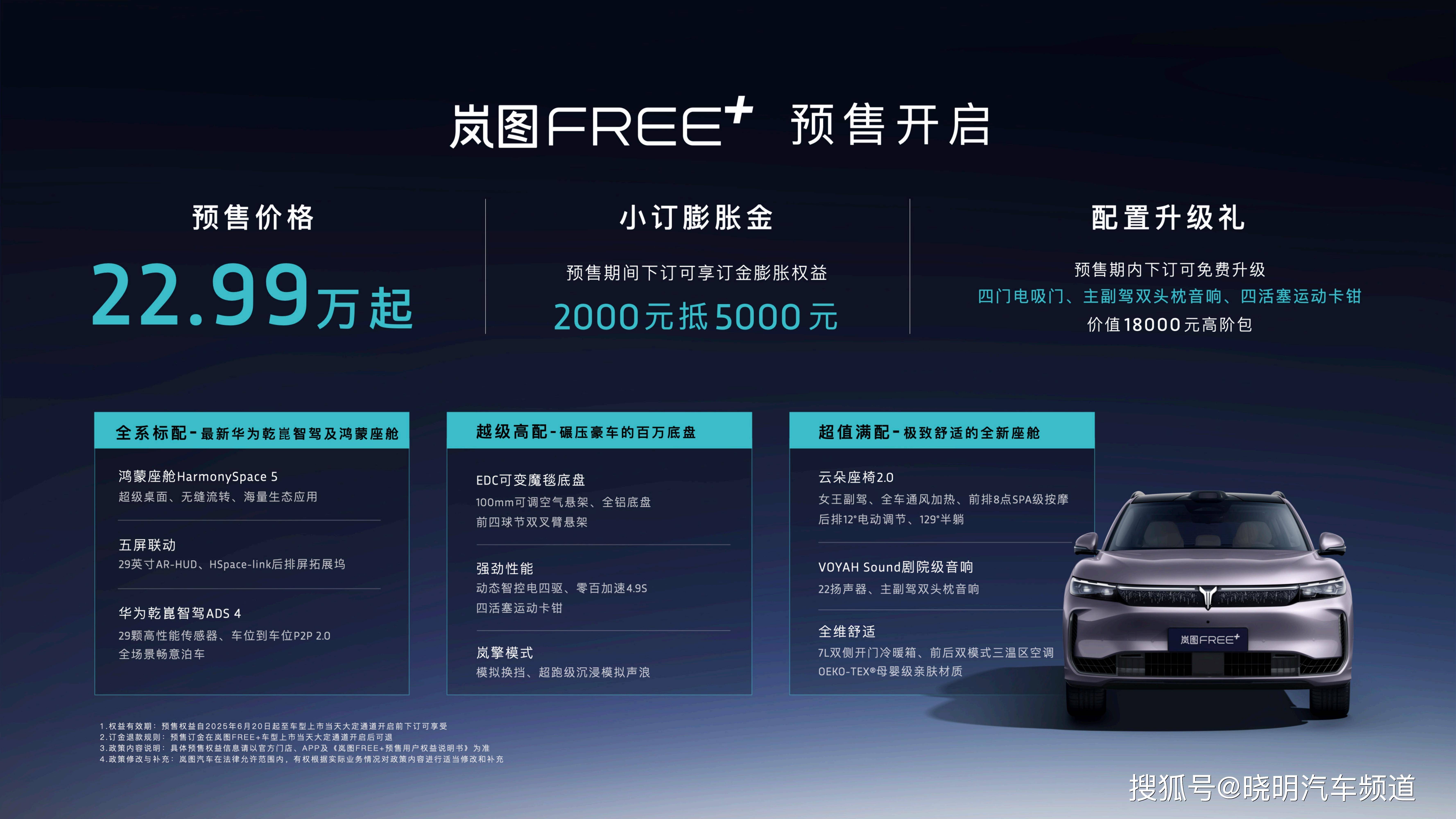 全系标配华为乾崑智驾ADS4 岚图FREE+正式预售22.99万元起_搜狐汽车_搜狐网