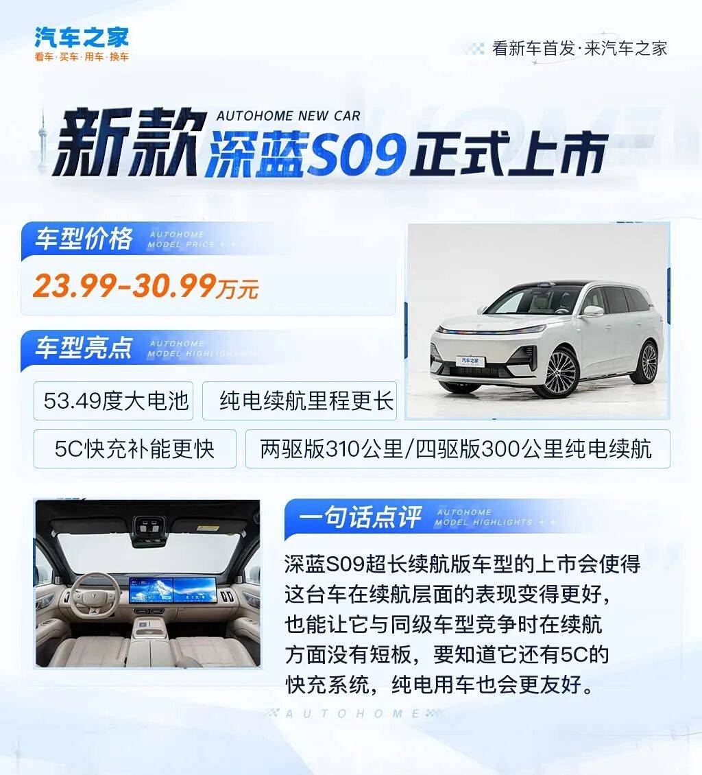 新款深蓝S09正式上市 售23.99万元起 CLTC最大纯电续航310公里_搜狐汽车_搜狐网